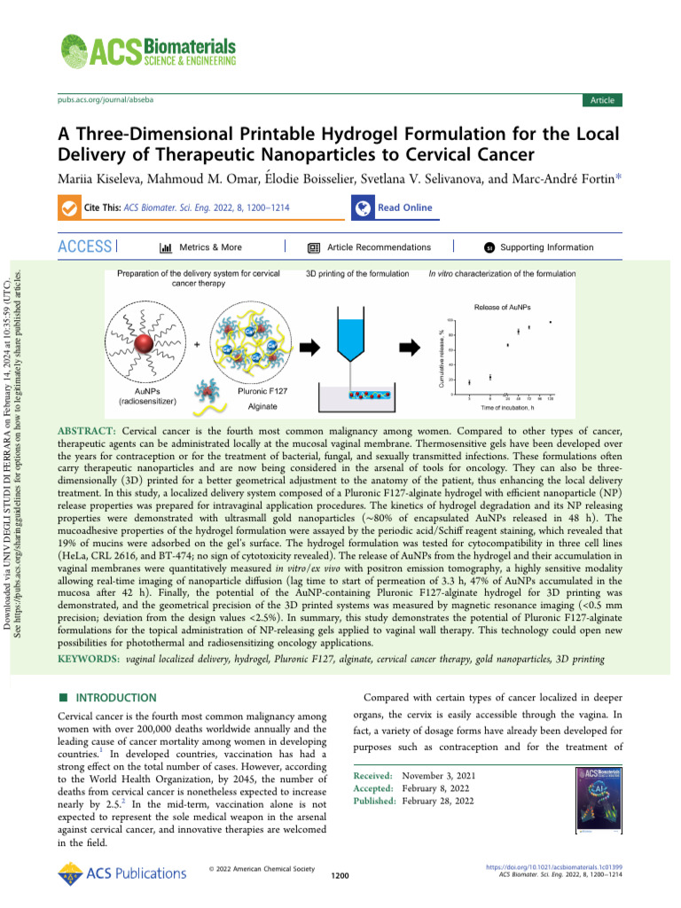 A Three-Dimensional Printable Hydrogel Formulation For The Local Delivery of Therapeutic ...