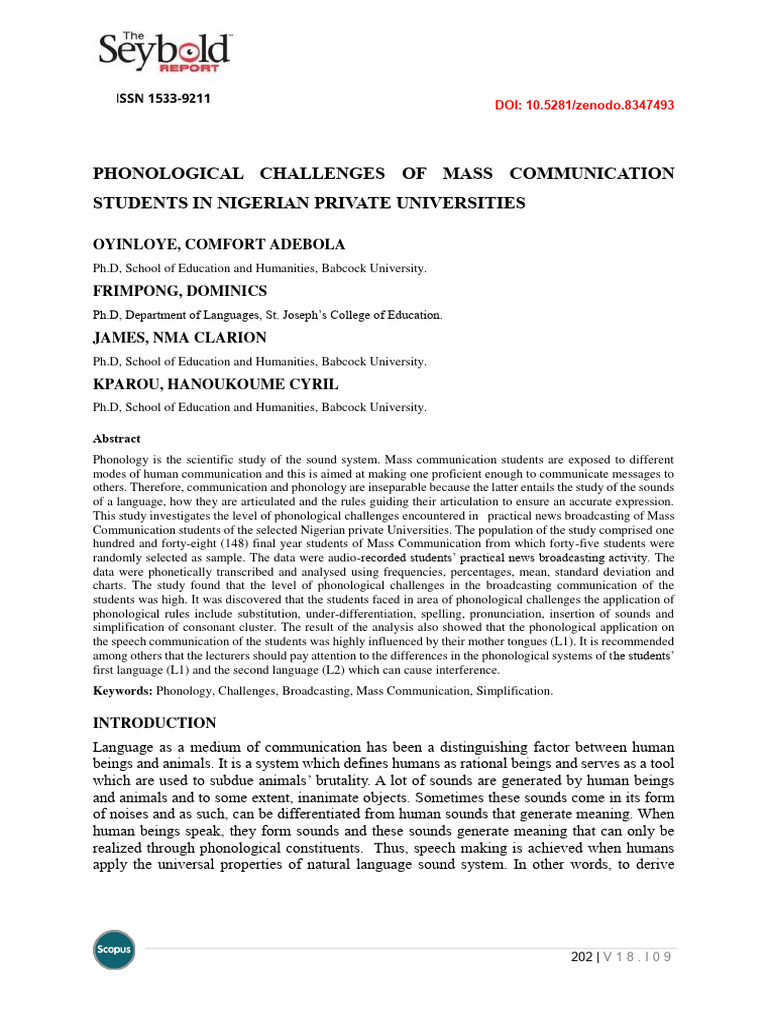 Phonological Challenges of Mass Communication Students in Nigerian Private Universities | PDF ...