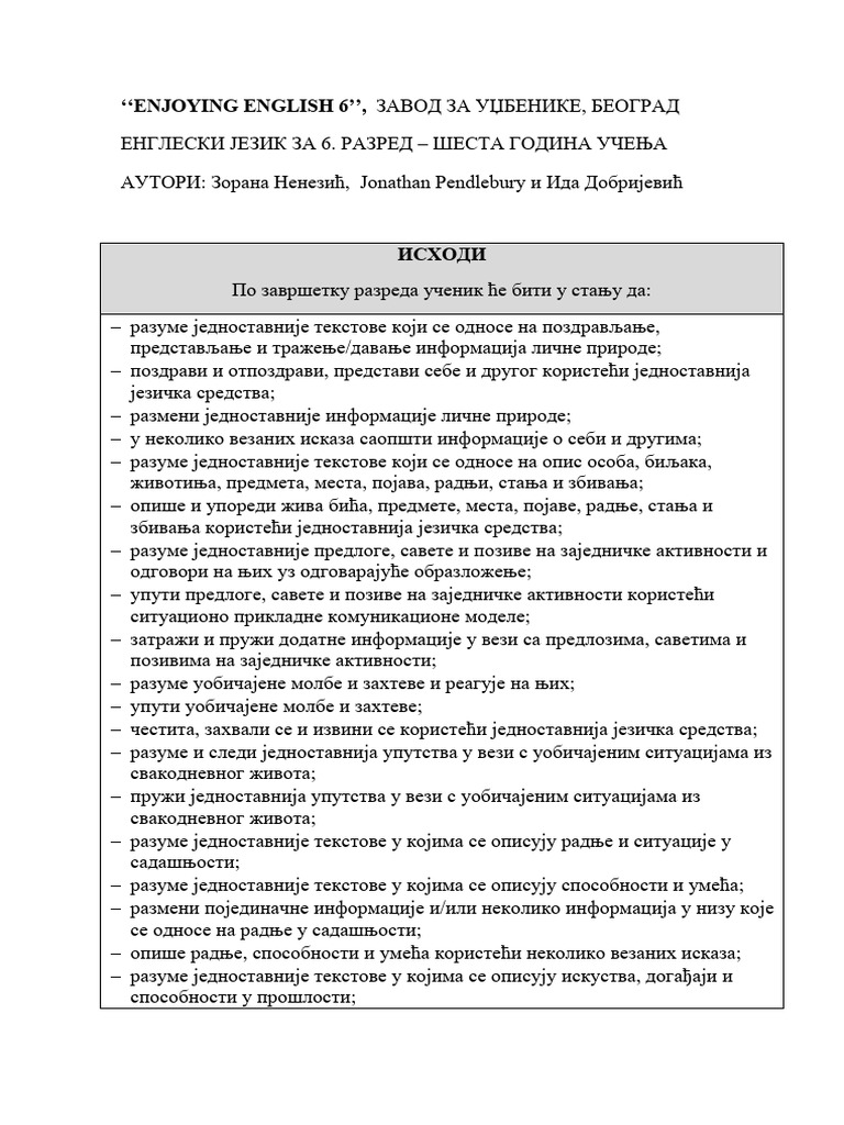 Enjoying English 6 Ishodi I Pripreme Za Cas | PDF