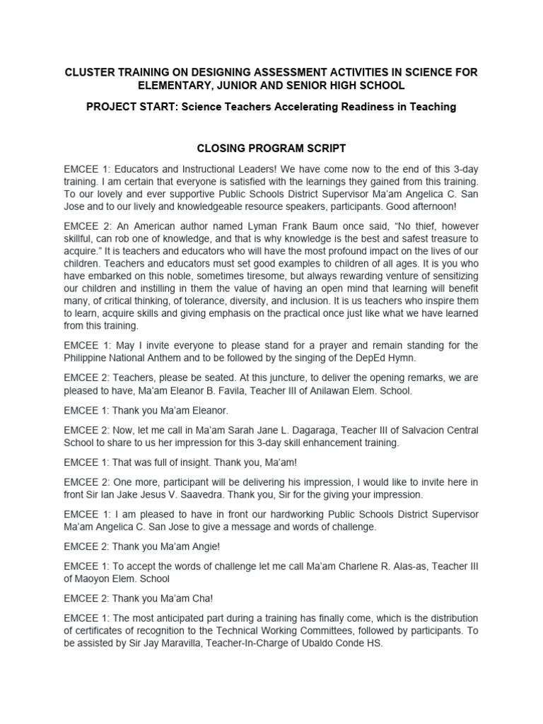 Closing Program Script Pdf Teachers 2823