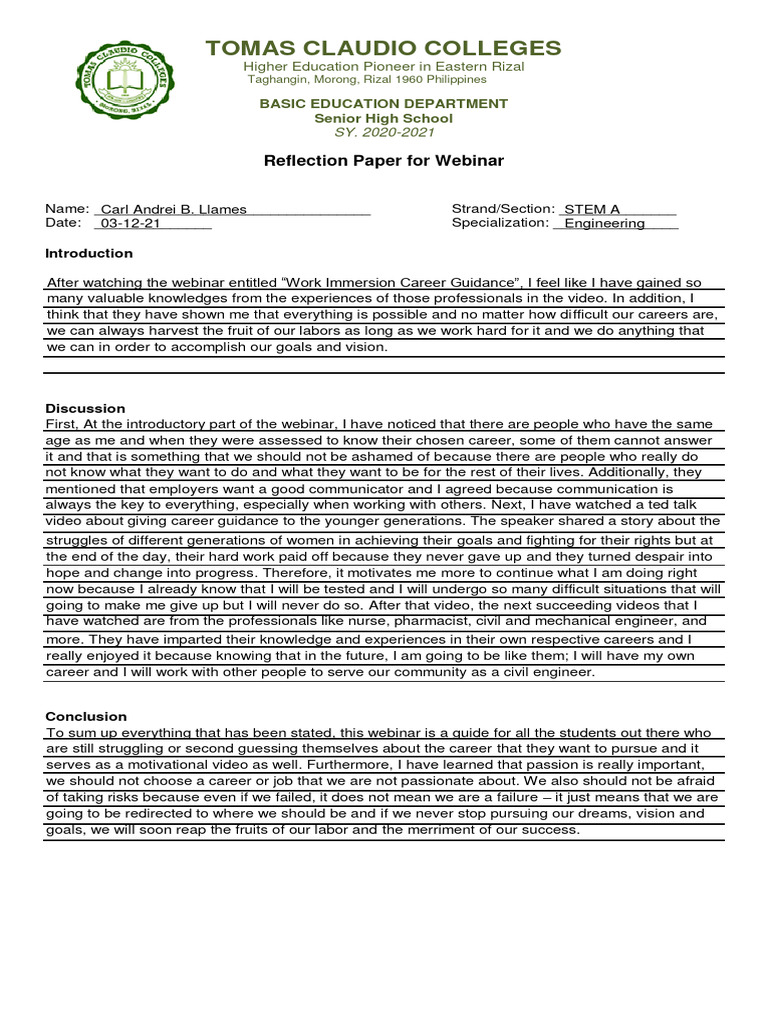 Llames-Reflection Paper For Webinar | PDF | Cognitive Science | Cognition