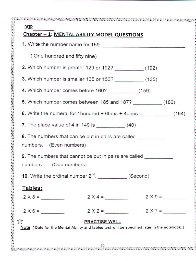 CBSE Class 2 Maths Practice Worksheets (147) - Mental Ability | PDF