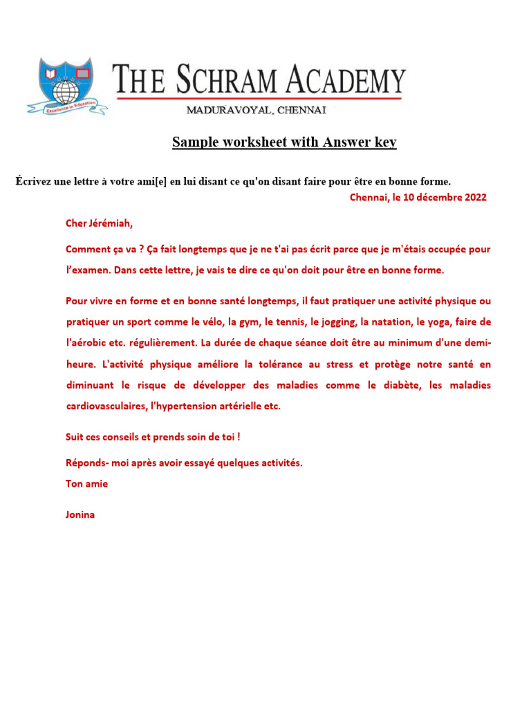 Worksheet Class X With Answer Key French | PDF