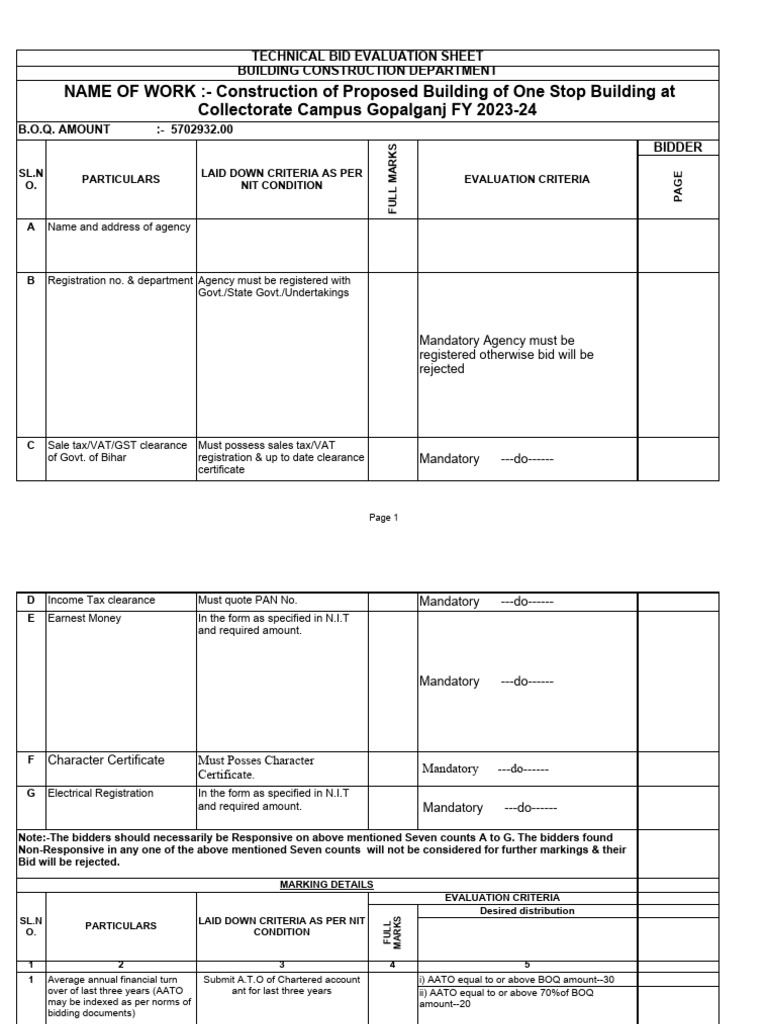 Technical Bid Evaluation Criteria for Construction | PDF | Government | Taxes