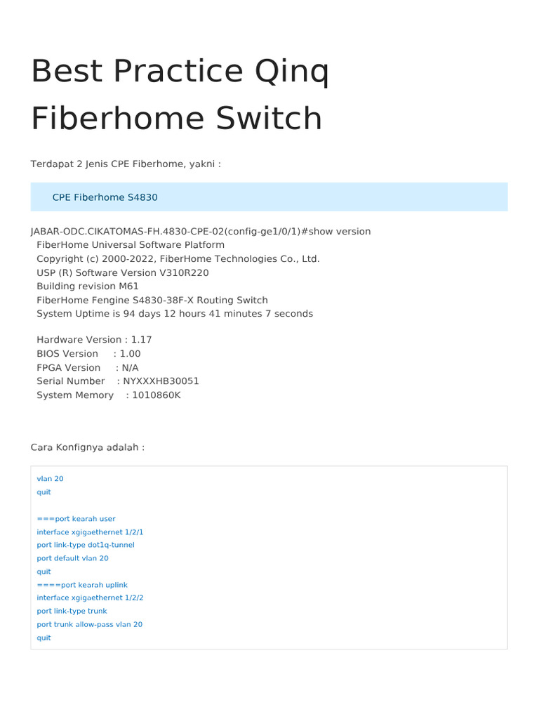 Best Practice Qinq Fiberhome Switch | PDF | Computer Hardware | Software