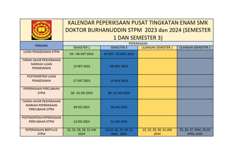 Kalendar Peperiksaan STPM SMKDB Kohort 2023 Dan 2024 | PDF