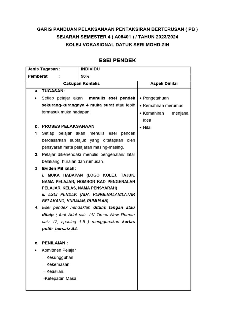 Panduan Esei Pendek Sejarah 2023/2024 | PDF
