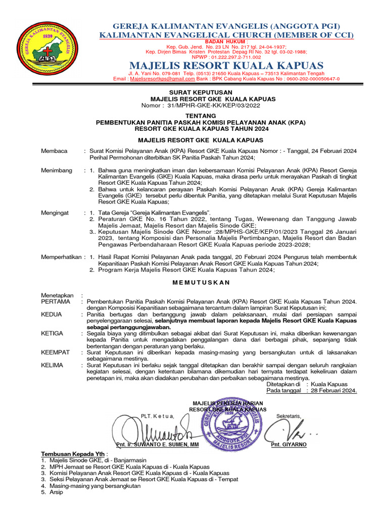 Susunan Panitia Paskah Kpa Resort Kuala Kapuas 2024 | PDF
