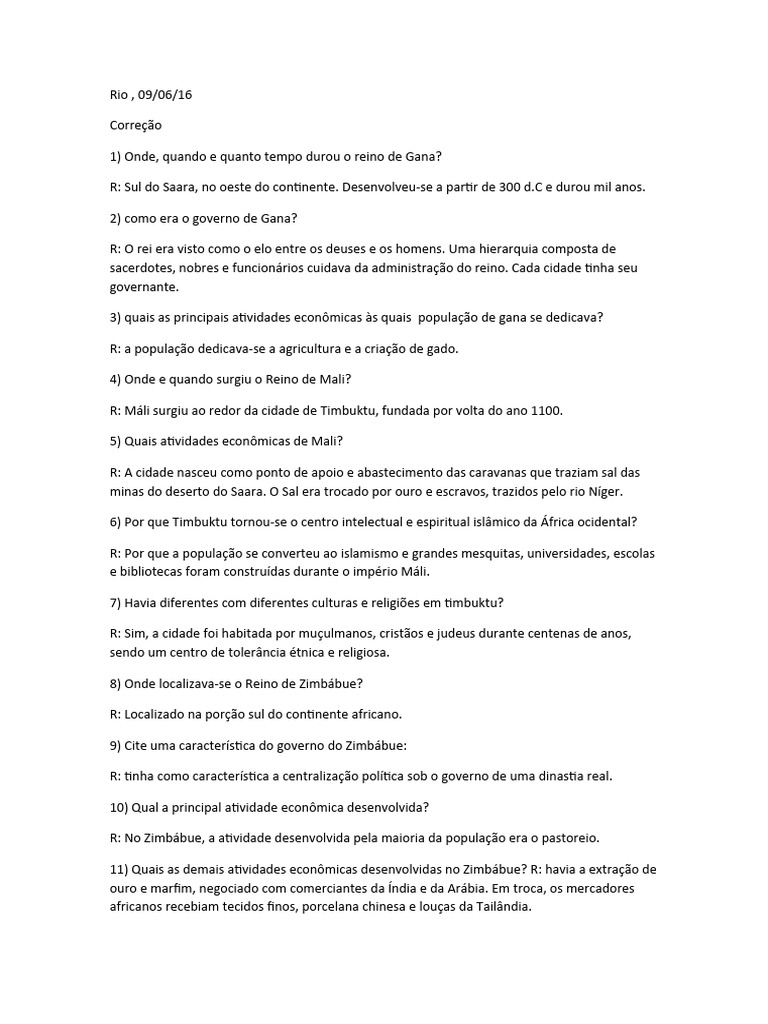 Questões Hist 7 Ano Reinos Africanos | PDF | África | Mali