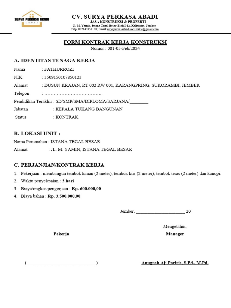 Form Kontrak Kerja Konstruksi | PDF