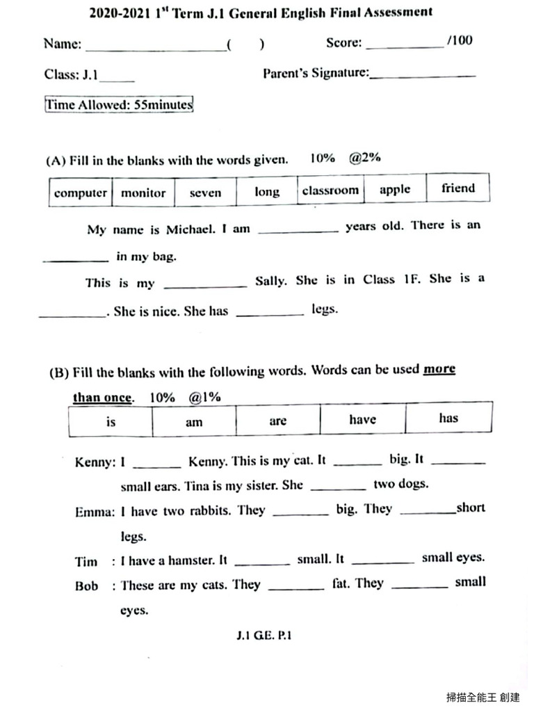 P1 1st Term English Assessment | PDF