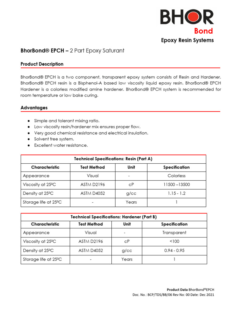 Epoxy Resin Systems Bhorbond® Epch - 2 Part Epoxy Saturant: Product Description | Download Free ...