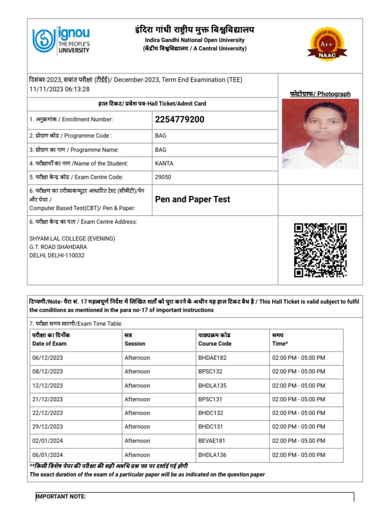 IGNOU December 2023 Hall Ticket Details | PDF