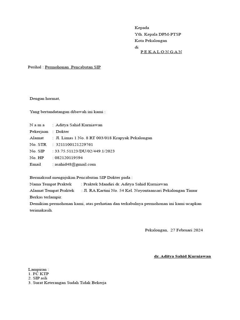 Surat Permohonan Pencabutan SIP | PDF