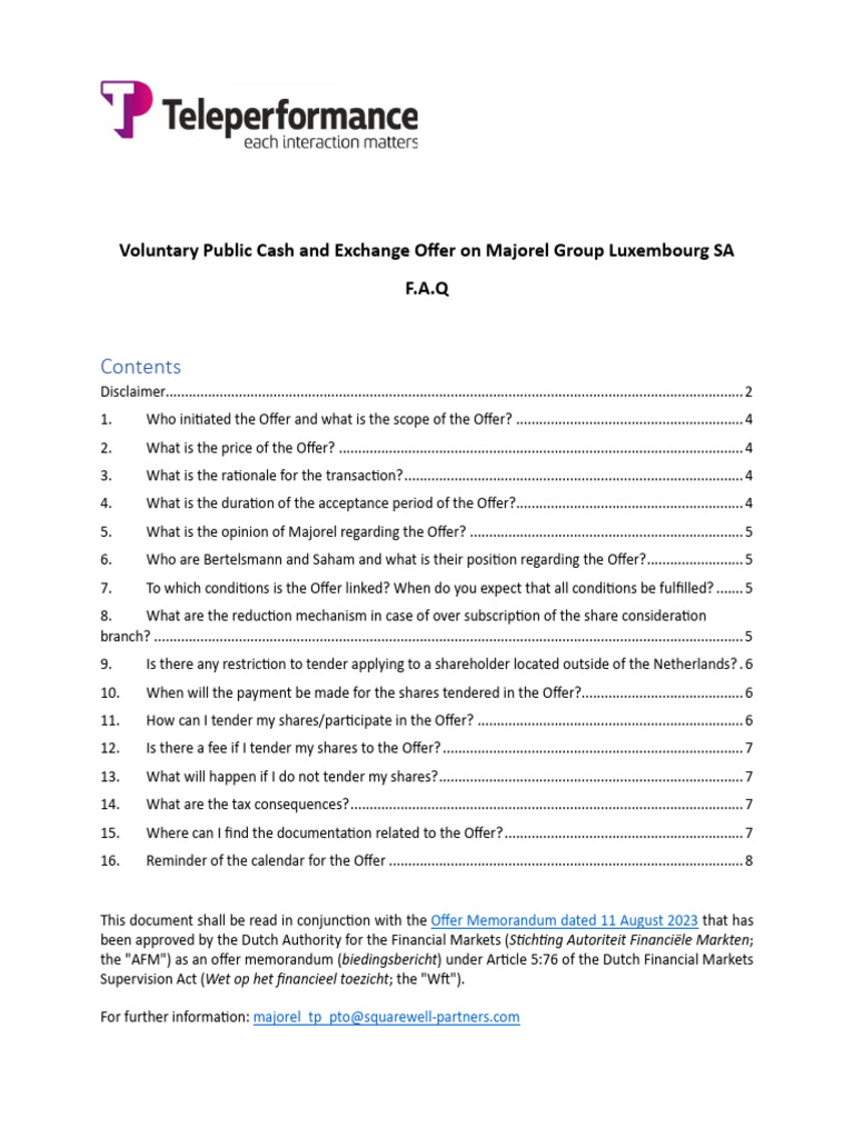 Teleperformance Majorel Offer Faq 09 2023 | PDF | Securities Act Of 1933 | Securities (Finance)