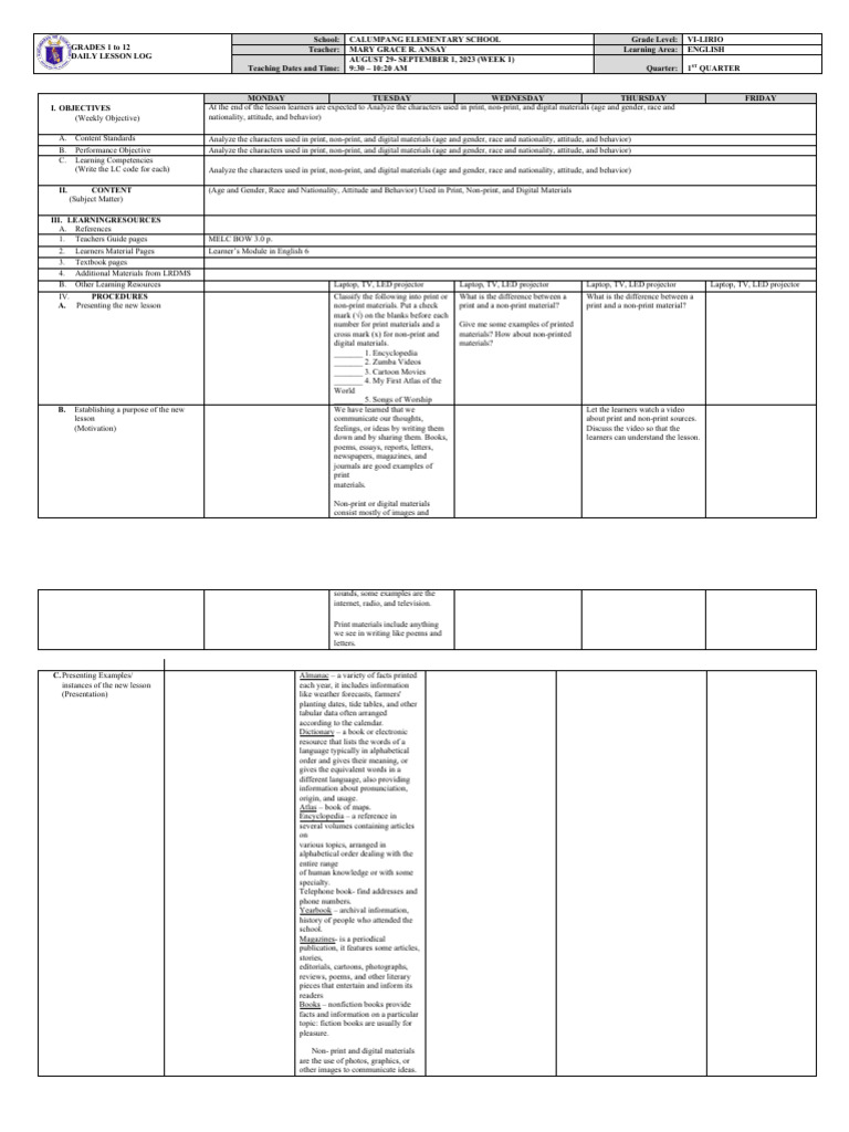 Grade 6 English Lesson Plan: Character Analysis | PDF | Peter Pan