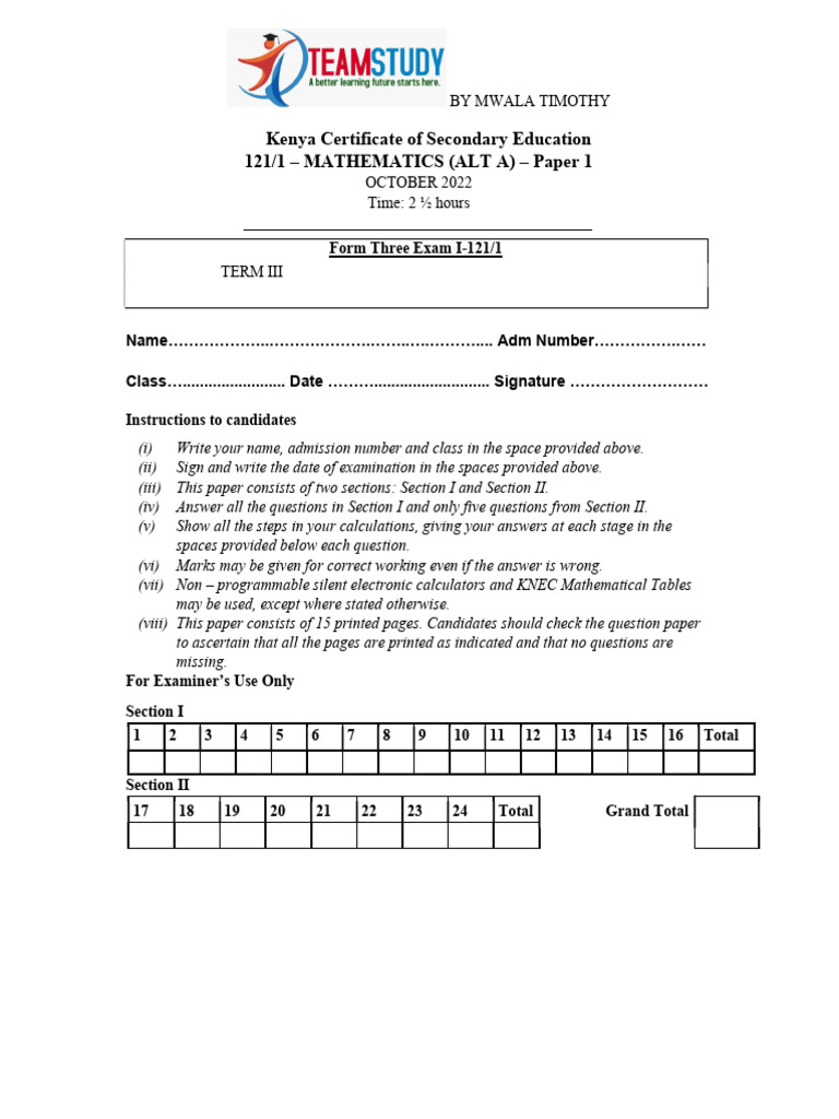 Paper1 Form 3 | Download Free PDF | Mathematics