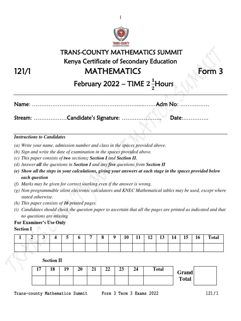 Transcounty Form3 Term3 P1 2022 | PDF