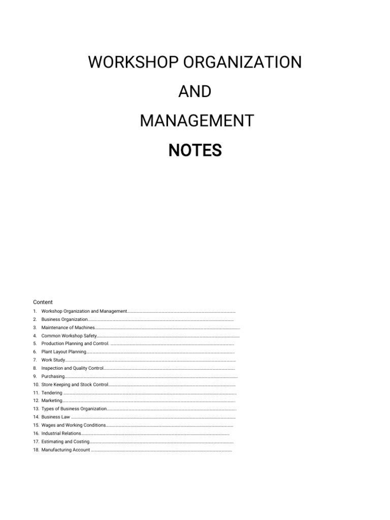 Workshop Organization and Management Notes | PDF