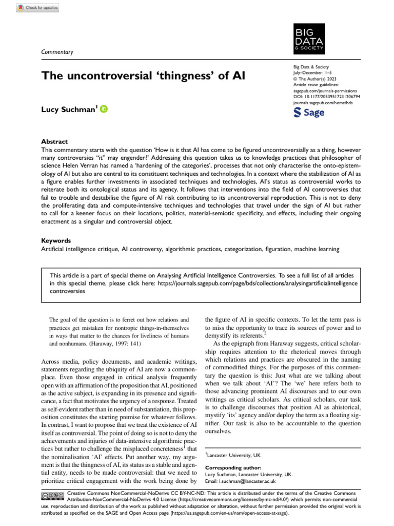 Suchman 2023 The Uncontroversial Thingness of Ai | PDF | Artificial ...