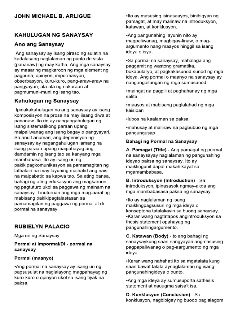 Sanaysay Handouts | PDF