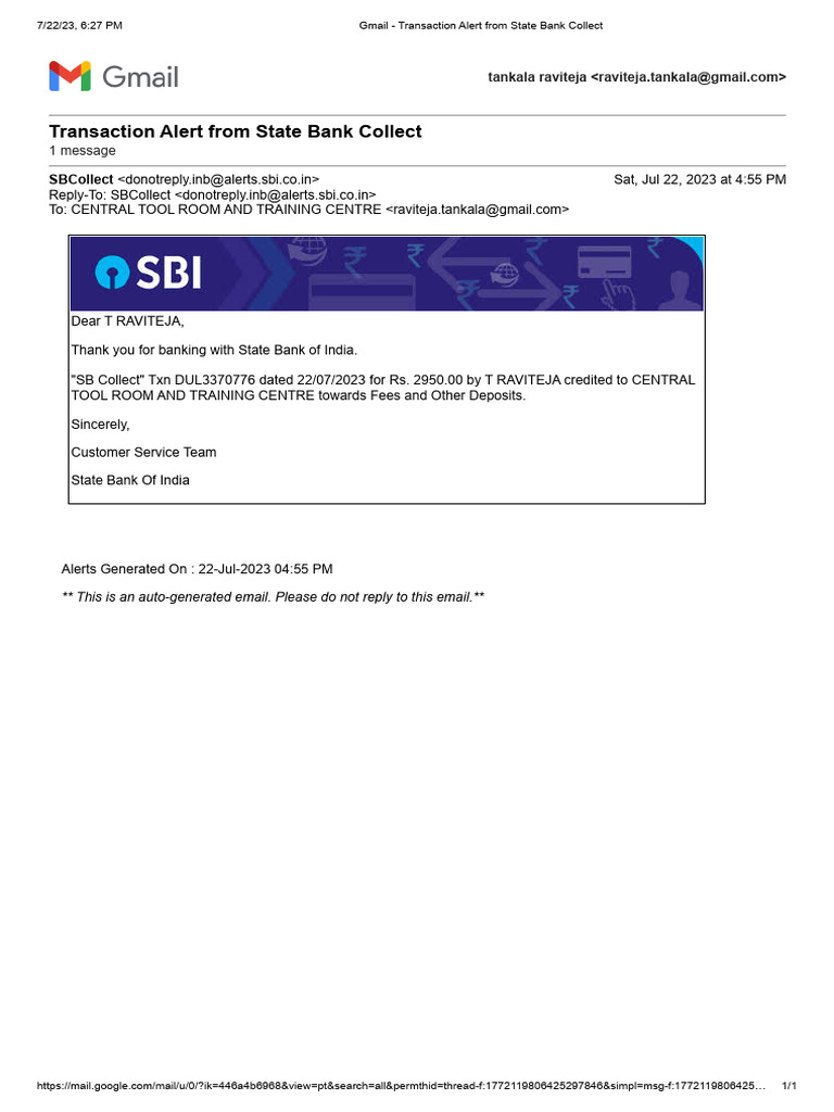 Gmail - Transaction Alert From State Bank Collect | PDF | Finance ...