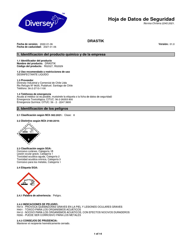 Hoja de Seguridad DRASTIK Desinfectante | PDF | Toxicología | Agua