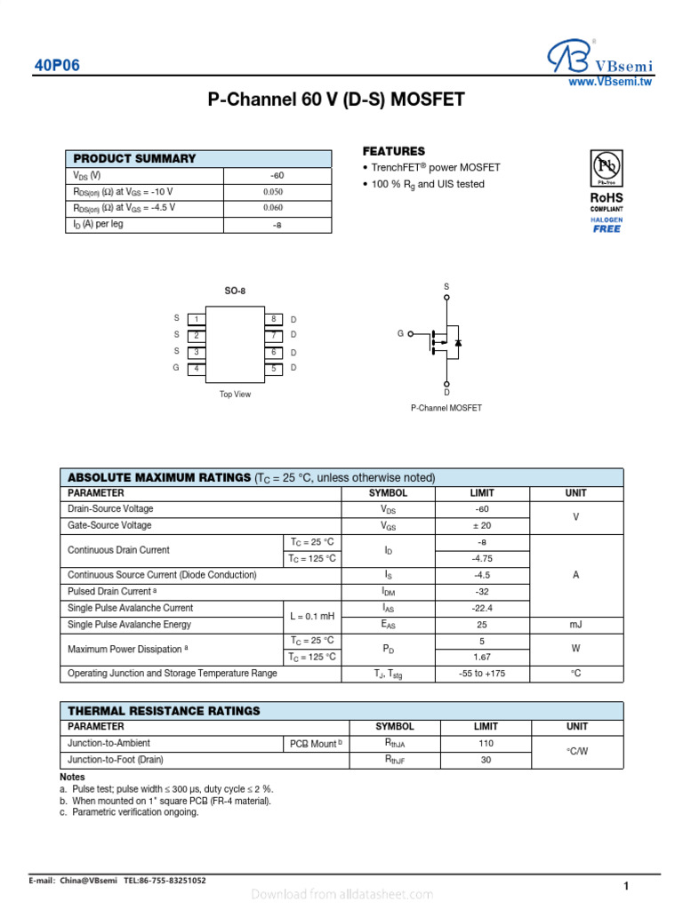 P-Channel 60 V (D-S) MOSFET: Features Product Summary | PDF | Field Effect Transistor | Mosfet
