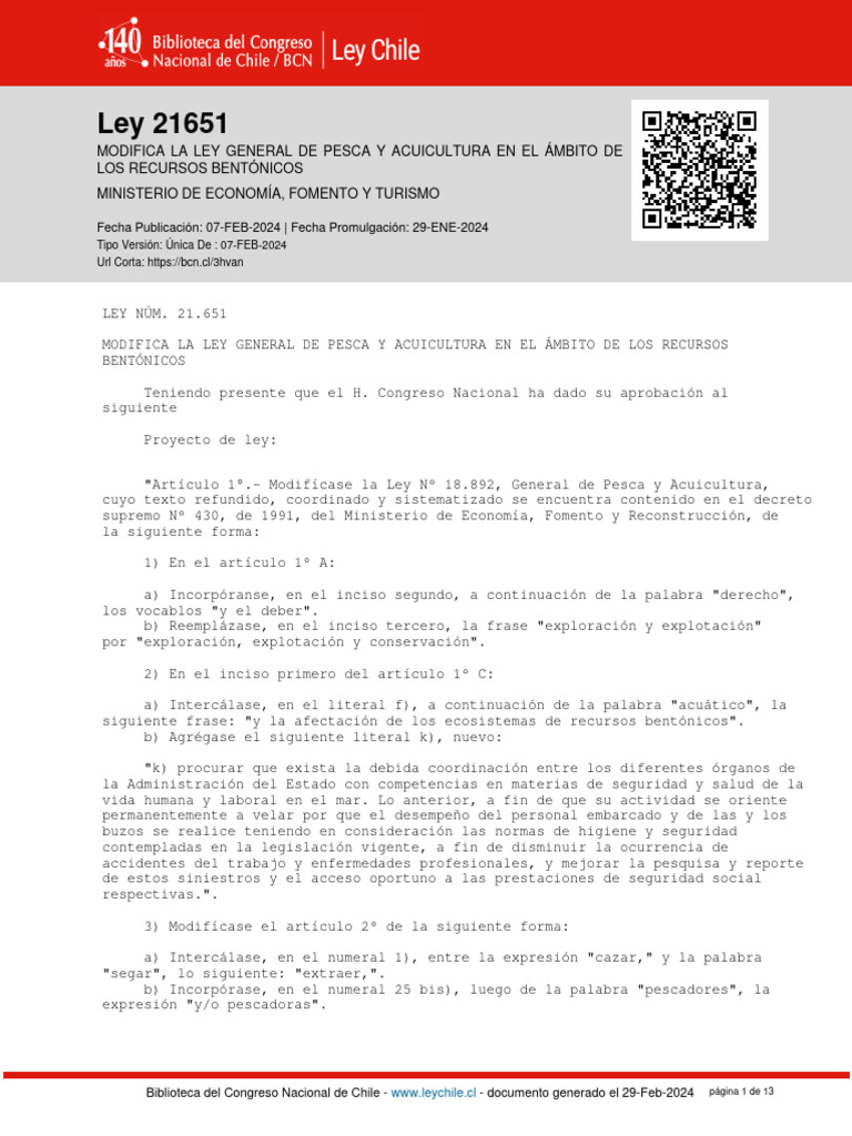 Ley 21651 - 07 FEB 2024 | PDF | Pesquería | Chile