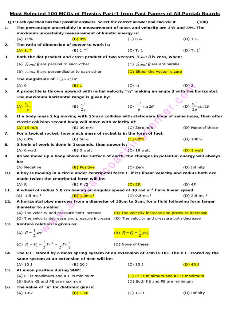Most Selected 100 MCQs of Physics Part-1 - Unlocked | PDF | Velocity ...