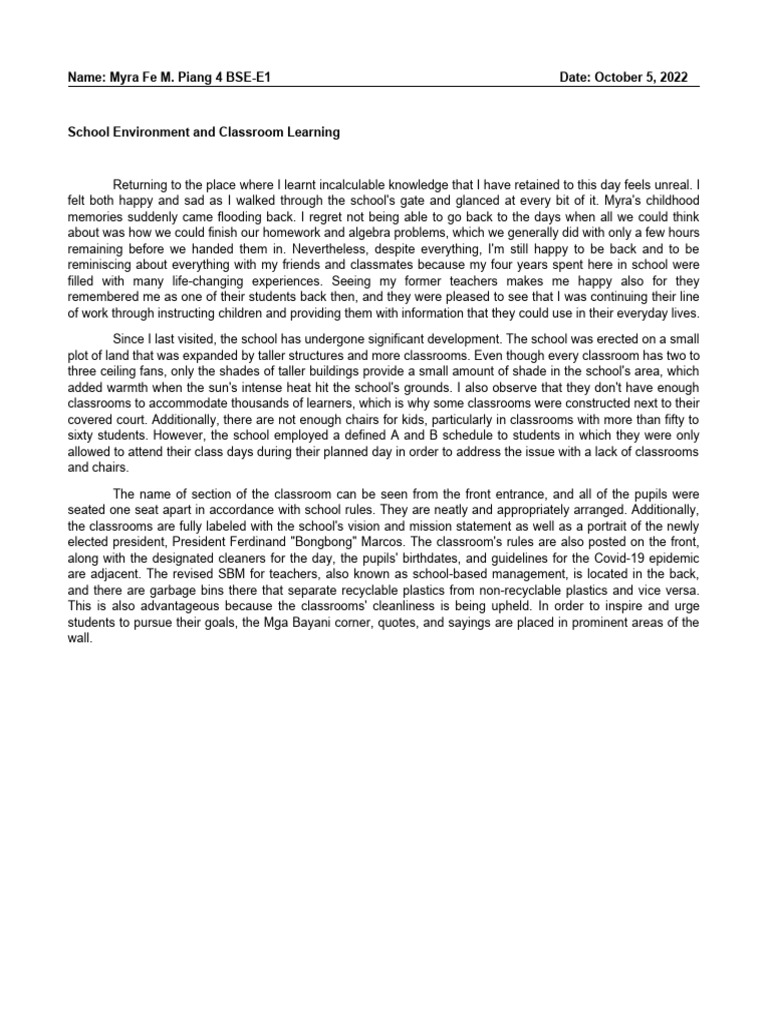 Name: Myra Fe M. Piang 4 Bse-E1 Date: October 5, 2022 | PDF | Learning | Cognitive Science