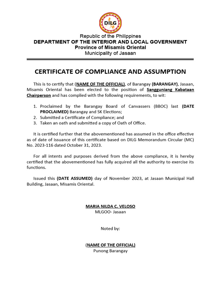 Certificate of Assumption for SK Officials | PDF | Governance | Local ...