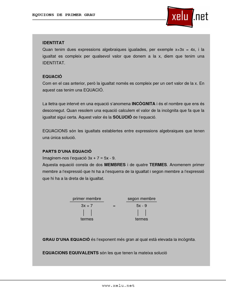 Quadern Matemàtiques - Equacions de Primer Grau (Primera Part) | PDF