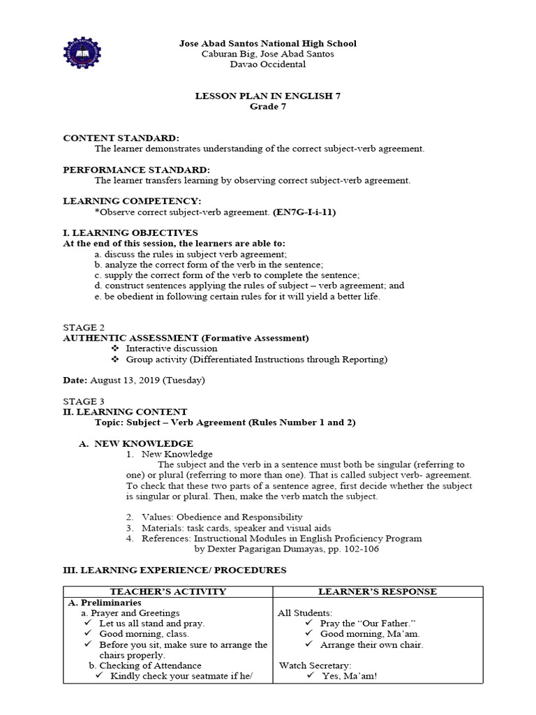 Detailed Lesson Plan (SVA) | PDF | Learning | Subject (Grammar)