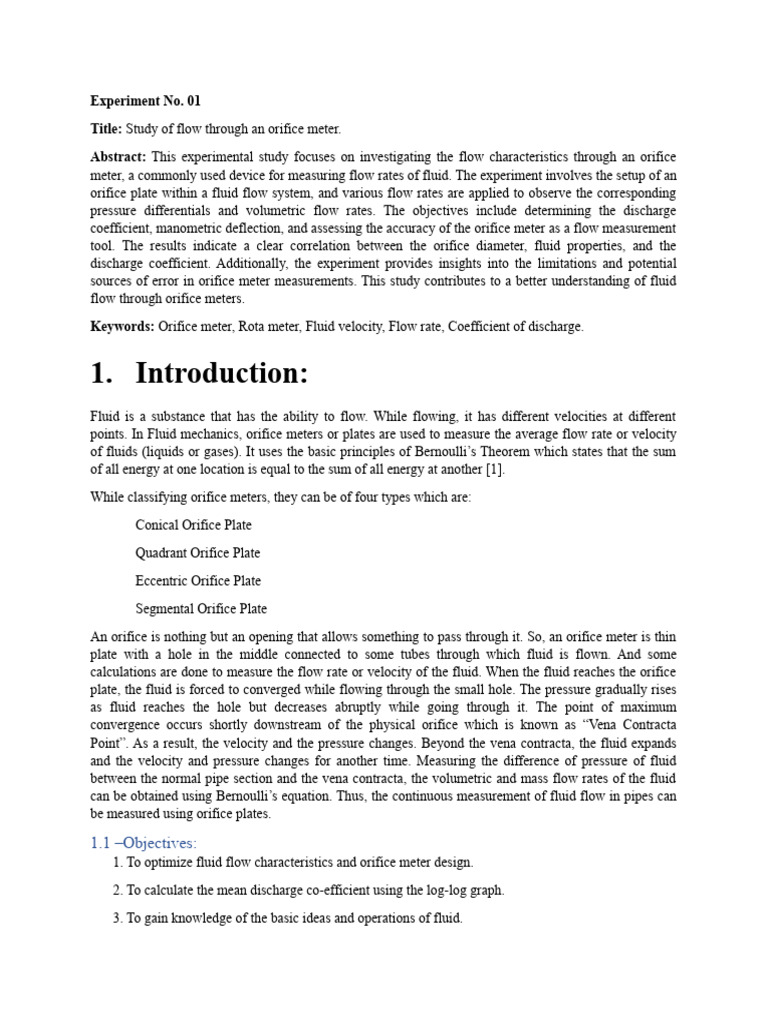 (1st Revise) Experiment-1-Study-of-flow-through-an-orifice-meter | PDF | Flow Measurement ...