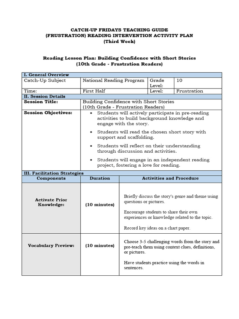 Reading Plan Intervention Frustration 3rd Week | PDF | Reading ...