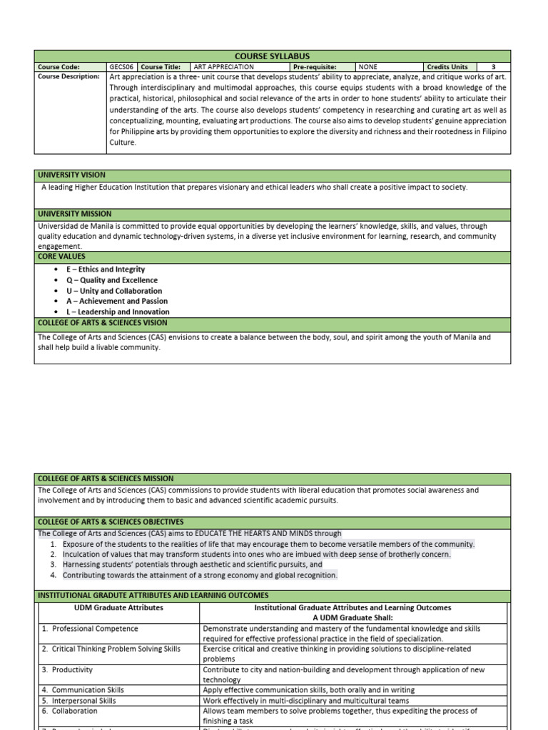 Art Appreciation Syllabus | PDF | Science | Learning