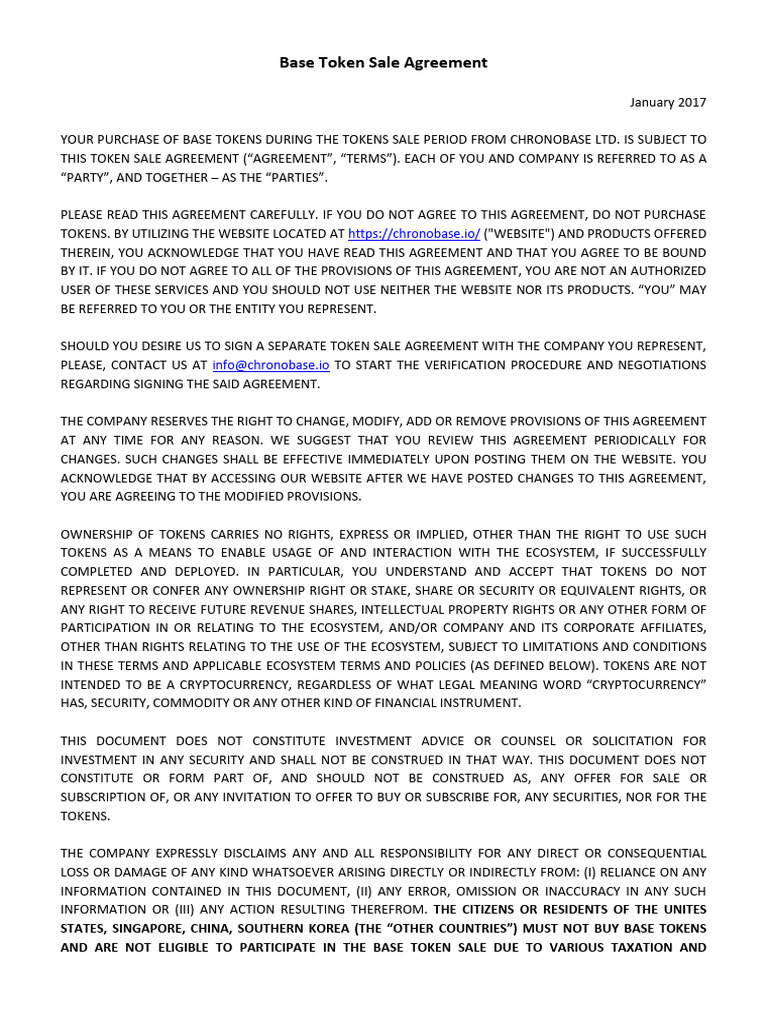 Base Token Sale Agreement | Download Free PDF | Cryptocurrency ...