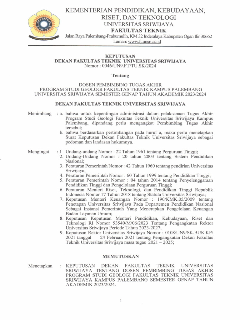 SK - Ft.tu 0046 SK Dosen Pembimbing Ta TG PLG-1 | PDF