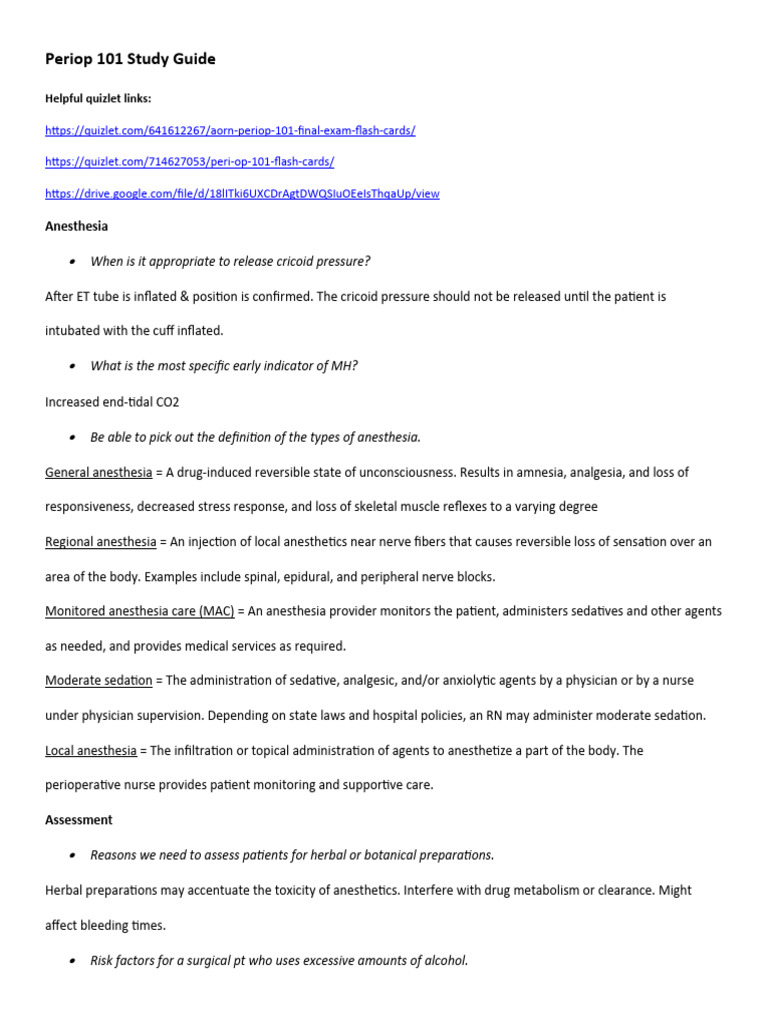 Periop 101 Study Guide #1 | PDF | Anesthesia | Surgery
