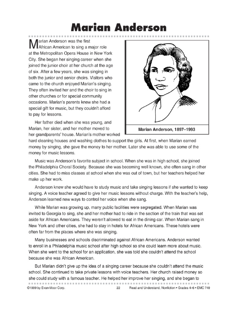 Reading Comprehension About Marian Anderson | PDF