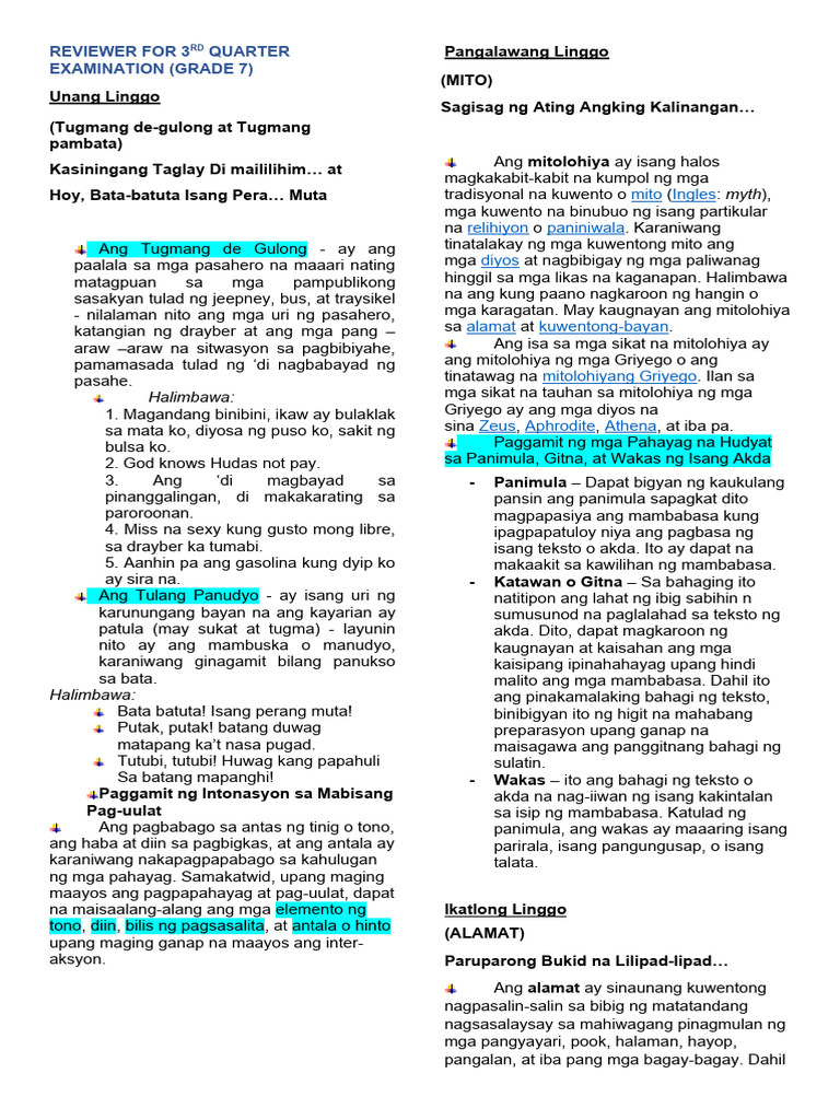 Reviewer For 3rd Quarter Examination (Grade 7) | PDF
