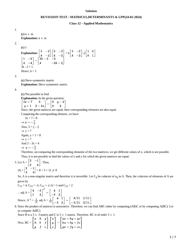 Matrices, Determinants & LPP - Solutions | Download Free PDF | Matrix (Mathematics) | Determinant