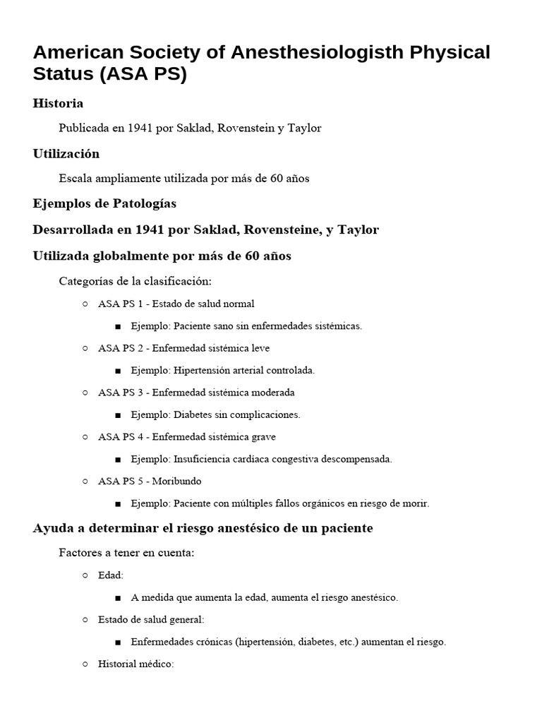 La Escala American Society of Anesthesiologisth Physical Status (ASA PS ...