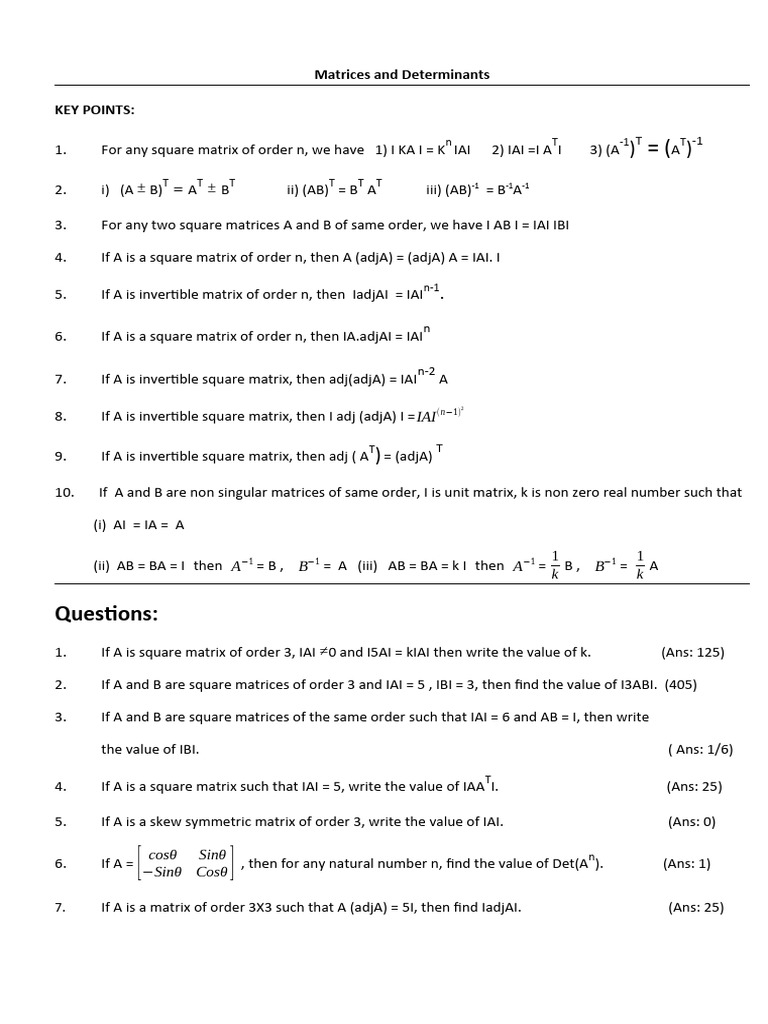 Xii Matrices and Determinants Work Sheet 2018 | PDF | Matrix ...