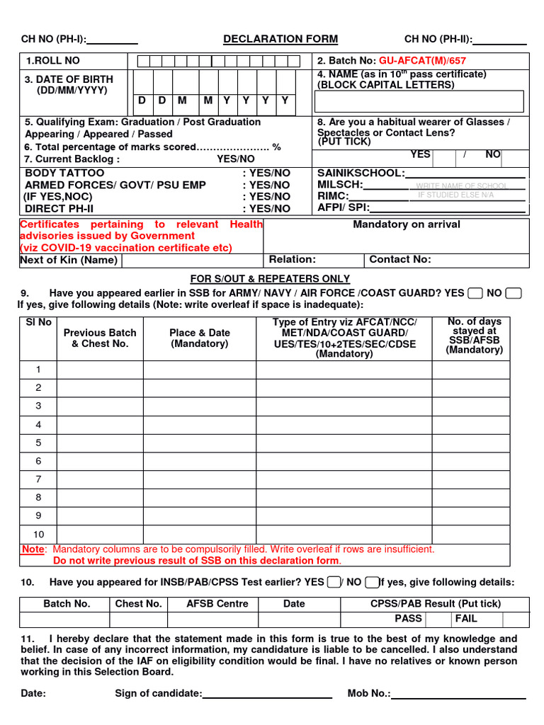 SSB Candidate Declaration and Indemnity Form | PDF | Glasses | Indemnity