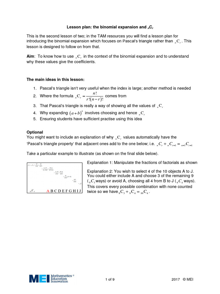 Lesson Plan The Binomial Expansion and NCR | PDF | Discrete Mathematics ...