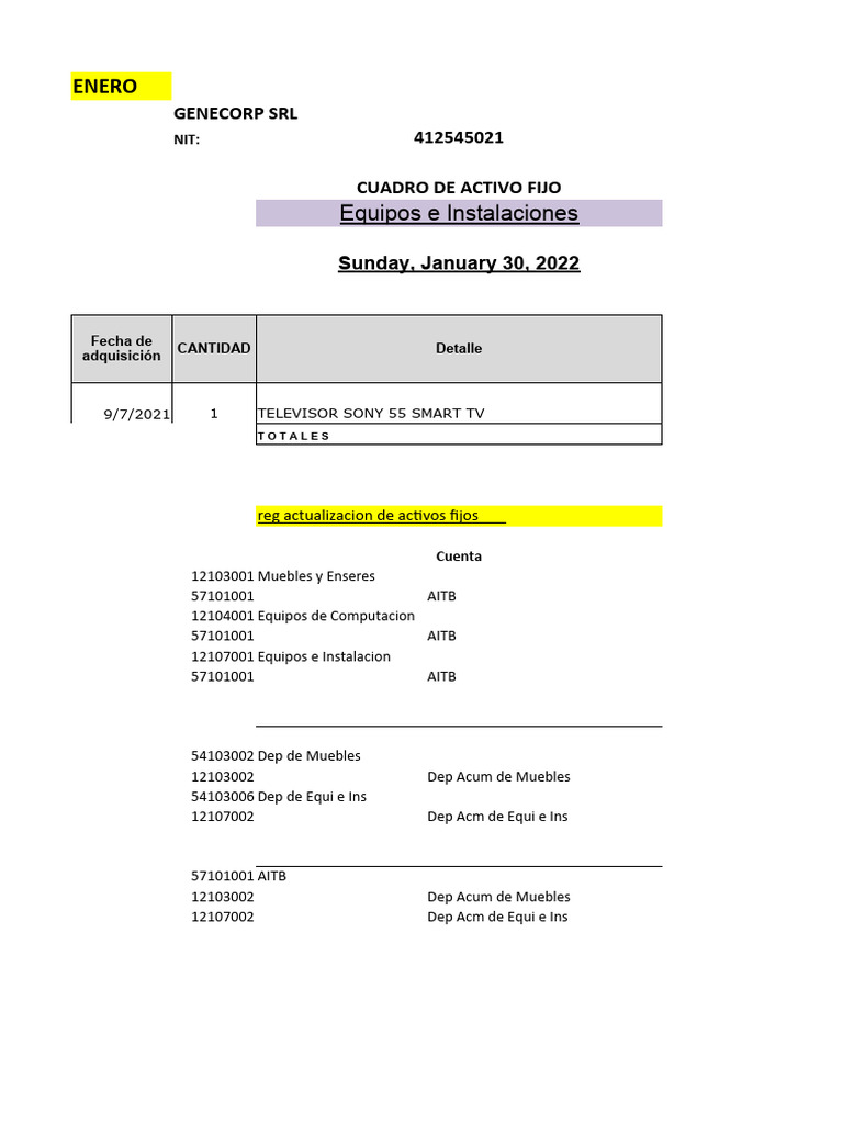Cuadro de Activos Fijos Genecorp | PDF | Depreciación | Mercado (economía)