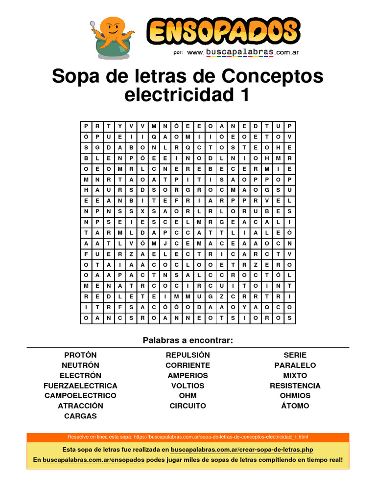 Sopa de Letras de Conceptos Electricidad - 1 | Descargar gratis PDF | Electricidad ...