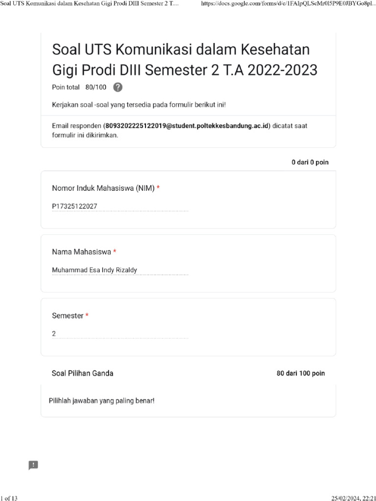 Soal UTS Komunikasi Dalam Kesehatan Gigi Prodi DIII Semester 2 T.A 2022-2023 | PDF